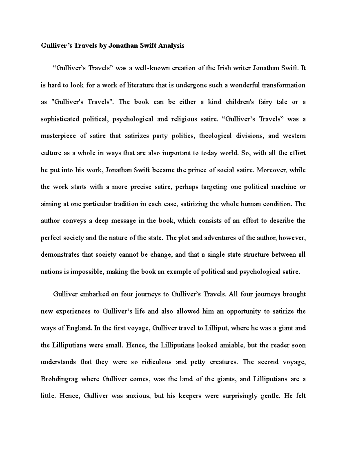 Gulliver’s Travels by Jonathan Swift Analysis Essay - Gulliver’s ...