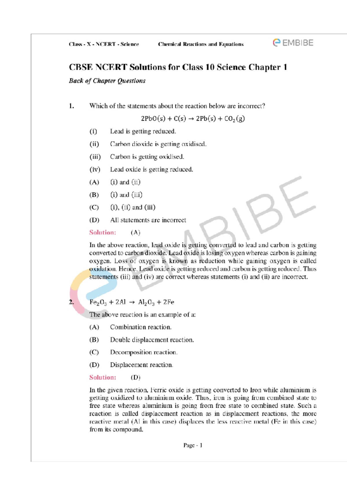 Class 10 chapter solution questions and answers - chemistry - Studocu