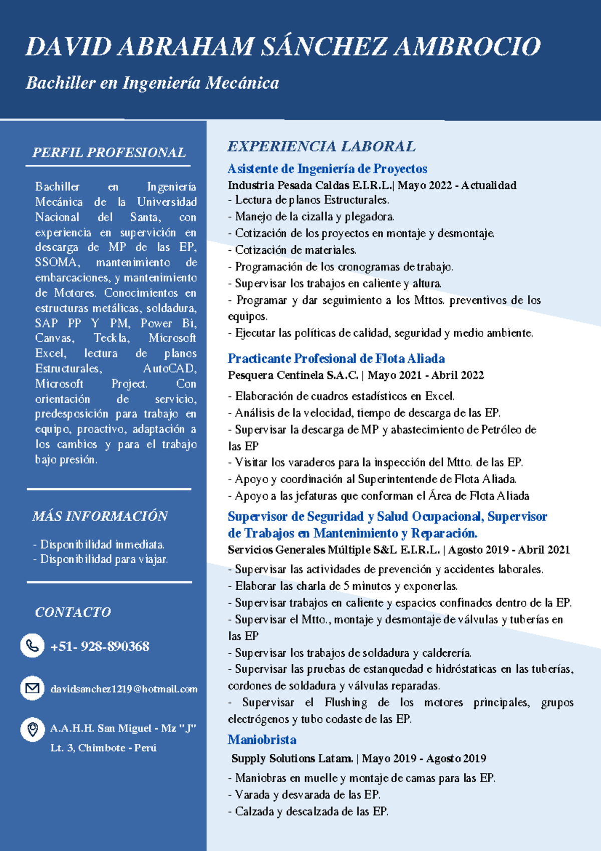 David Sanchez Ambrocio-CV - CONTACTO +51- 928- davidsanchez1219@hotmail ...