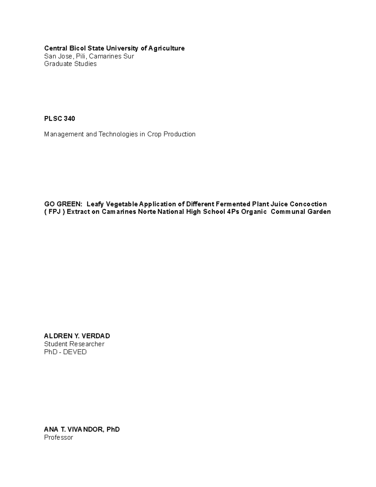 AY Verdad Project Proposal - Central Bicol State University of ...