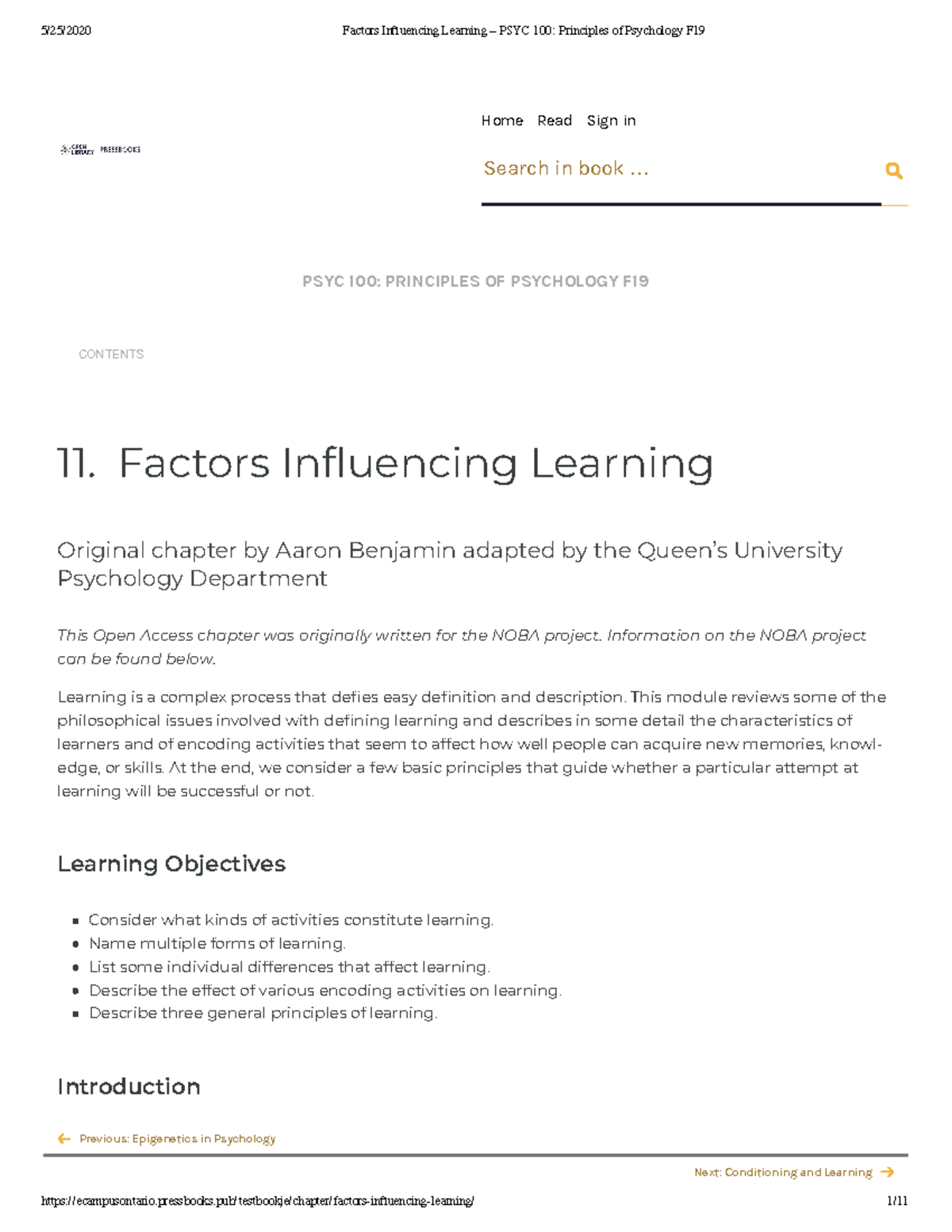 11. Factors Influencing Learning - Home Read Sign in PSYC 100 ...