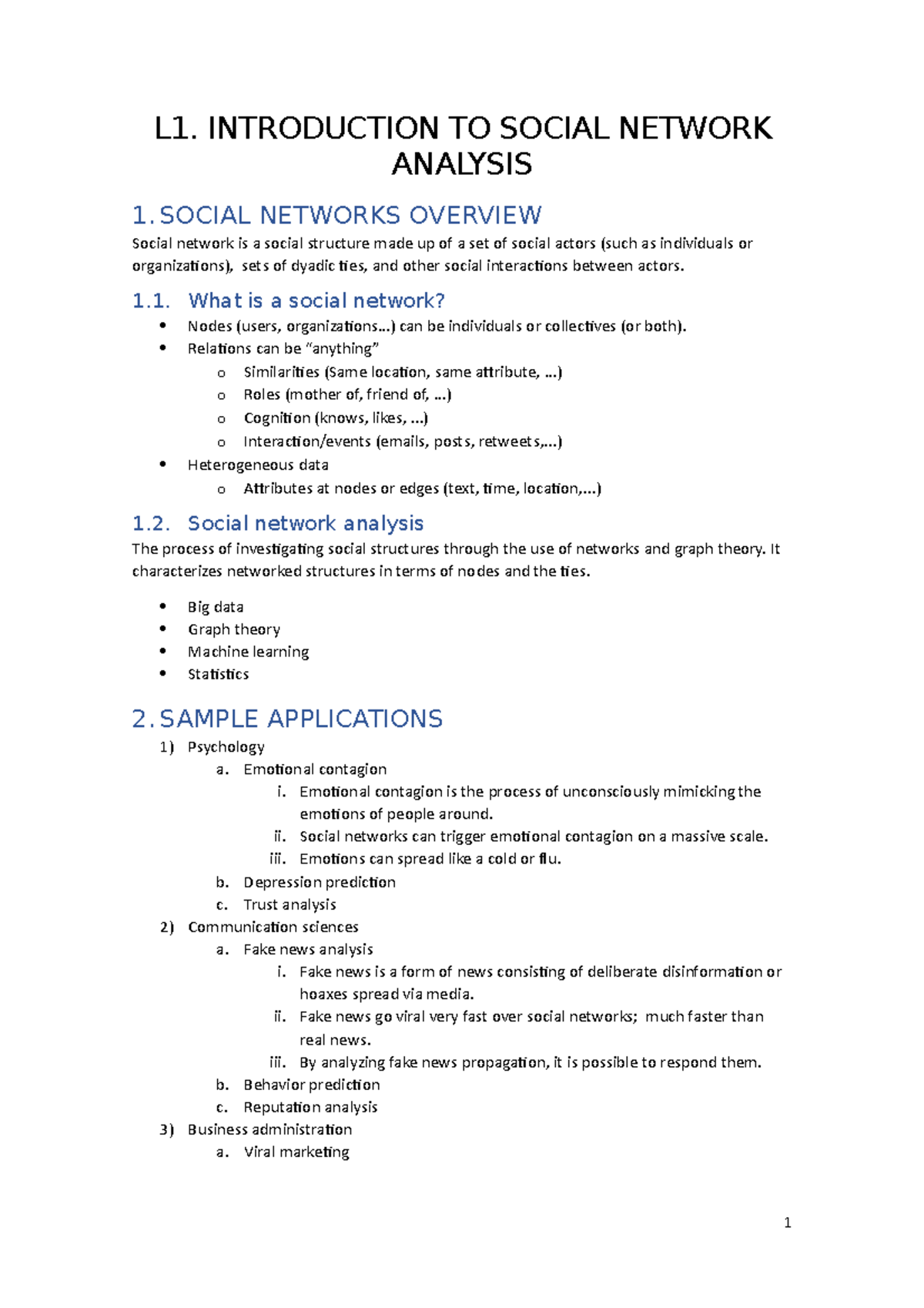 BIG DATA Notes - L1. INTRODUCTION TO SOCIAL NETWORK ANALYSIS 1. SOCIAL ...