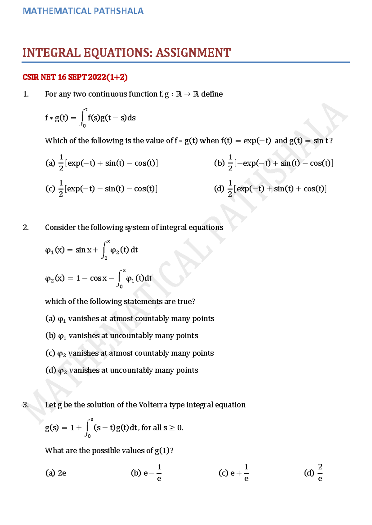 Humsafar Series ( Integral Equation) - INTEGRAL EQUATIONS: ASSIGNMENT CSIR NET 16 SEPT 2022(1+2 ...