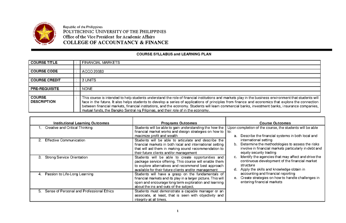 Syllabus on financial markets - Institutional Learning Outcomes ...