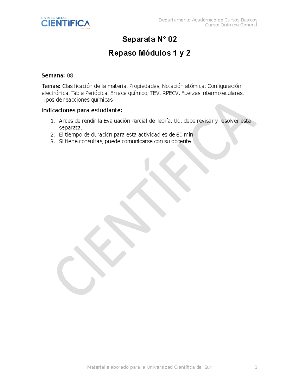 Separata 02 Química General SEM-08 Sesión-16 2022-1 - Curso: Química General Separata N° 02 ...