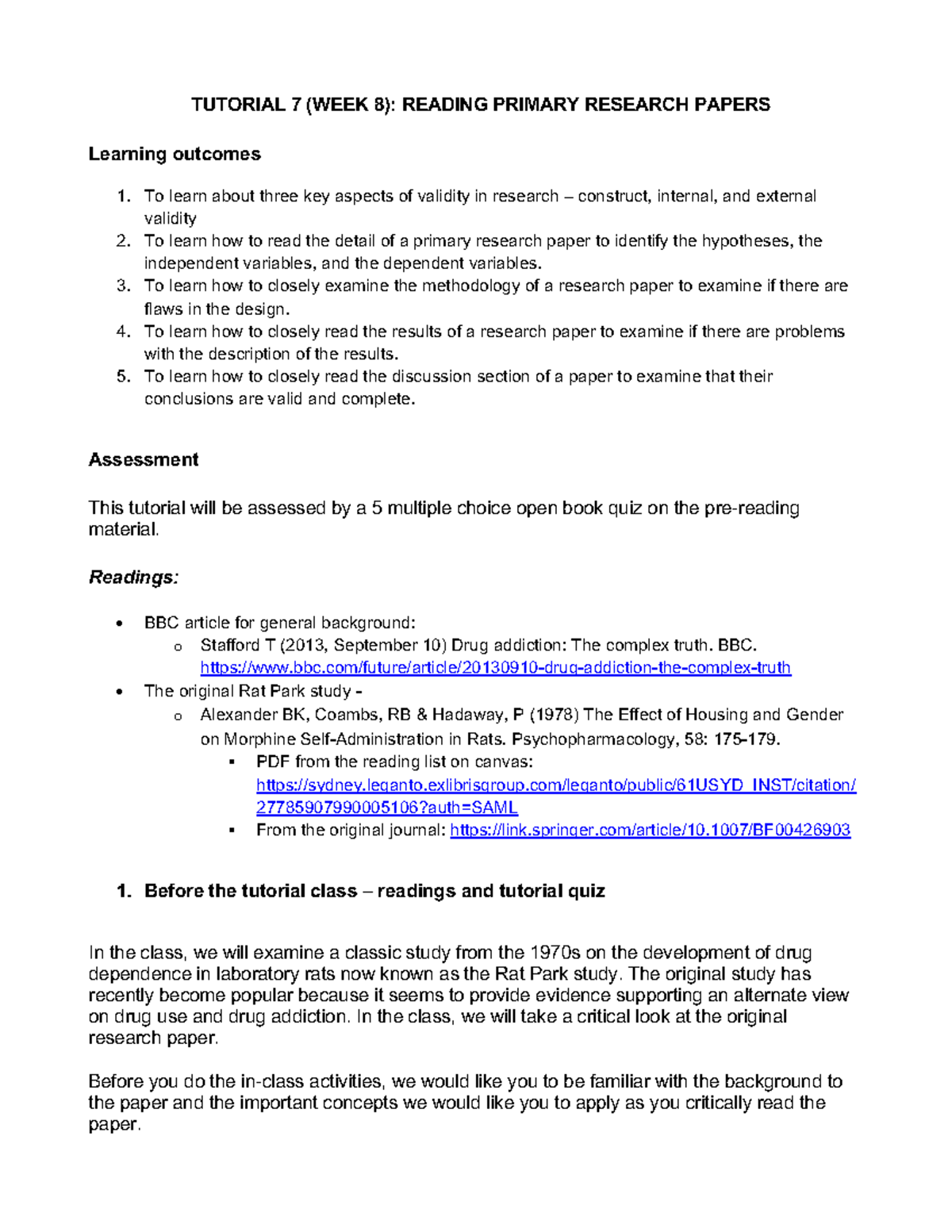 2023 PSYC2X15 week 8 Rat Park - TUTORIAL 7 (WEEK 8 ): READING PRIMARY ...