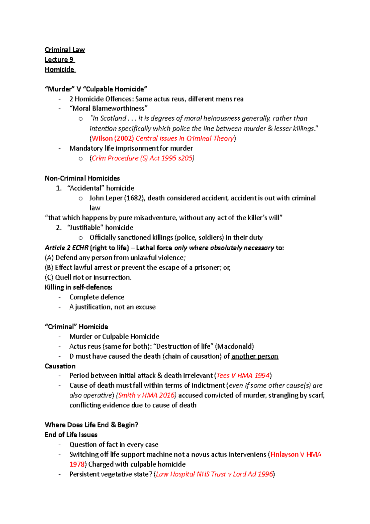 Lec 9 - homicide - Criminal Law Lecture notes for studying - Criminal ...