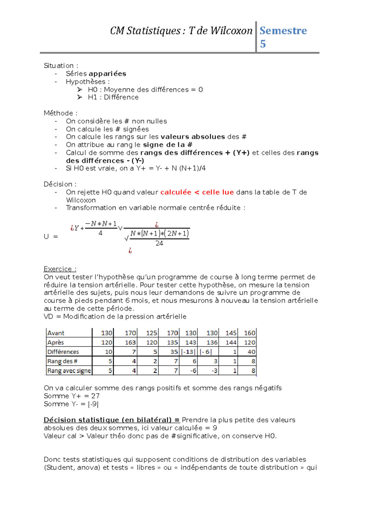 CM3 T de Wilcoxon - CM Statistiques : T de Wilcoxon Semestre 5 ...