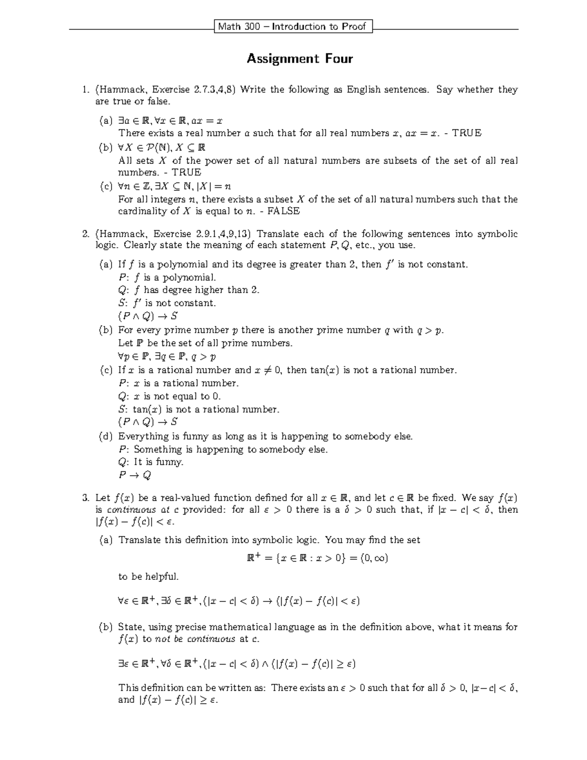 Homework 4 Math 300 Copy - Math 300 – Introduction to Proof Assignment Four (Hammack, Exercise ...