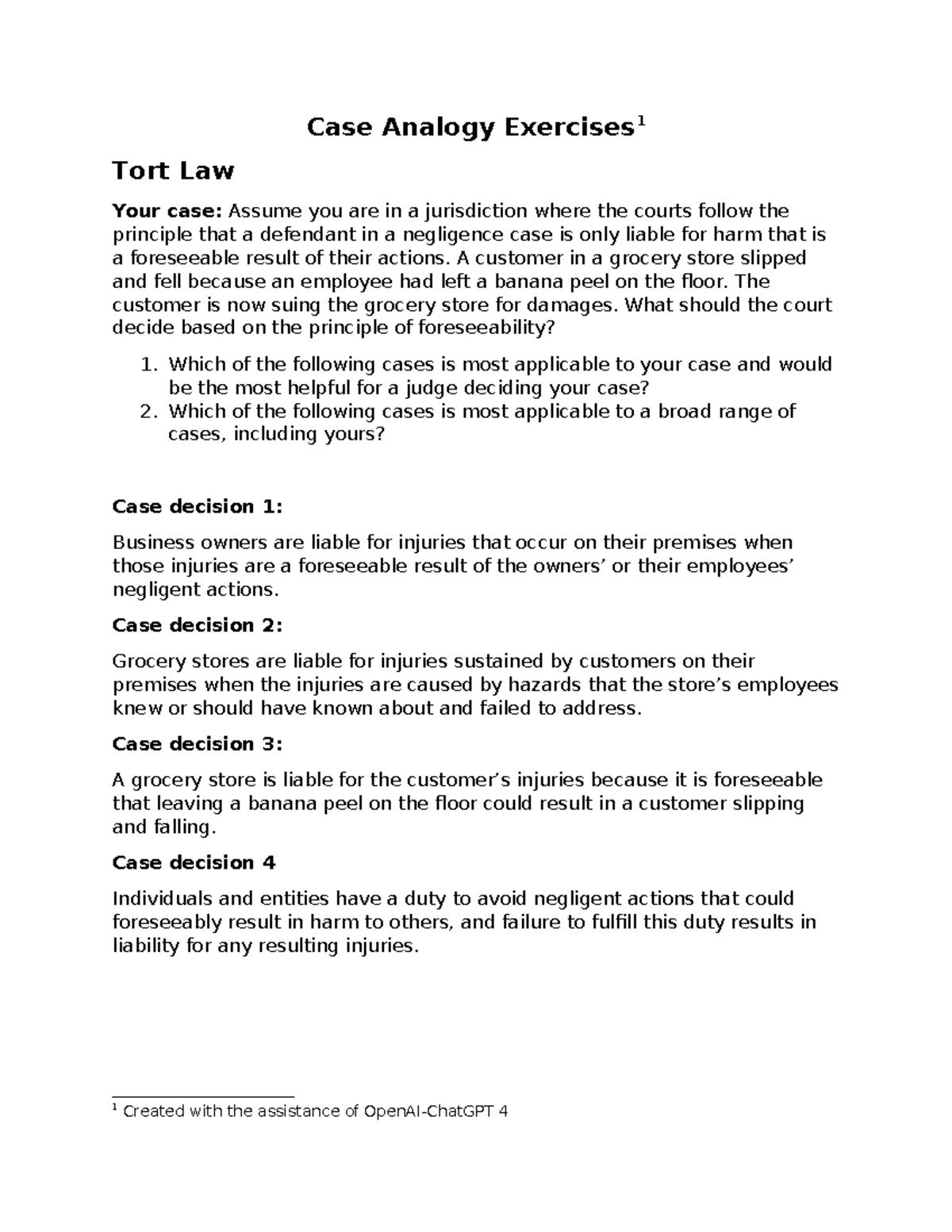 Case Analogy Exercises - Case Analogy Exercises 1 Tort Law Your case ...