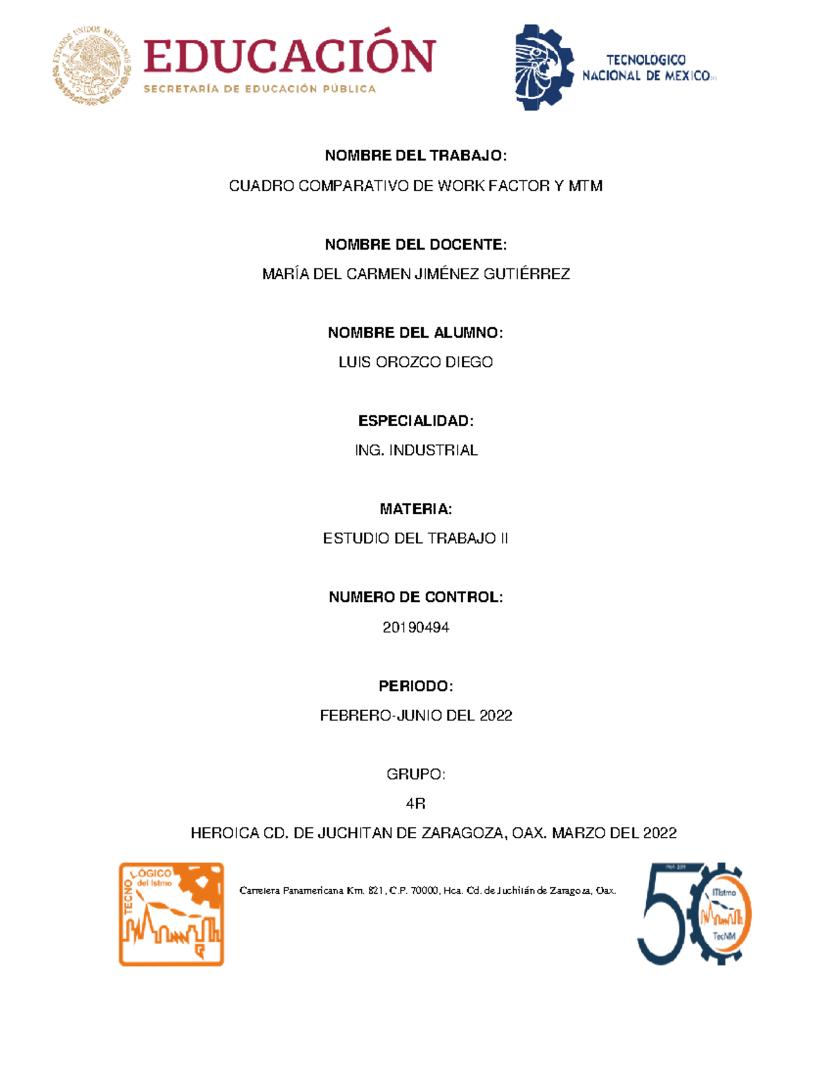 Cuadro Comparativo WORK Factor Y MTM- Diego LUIS Orozco - NOMBRE DEL ...