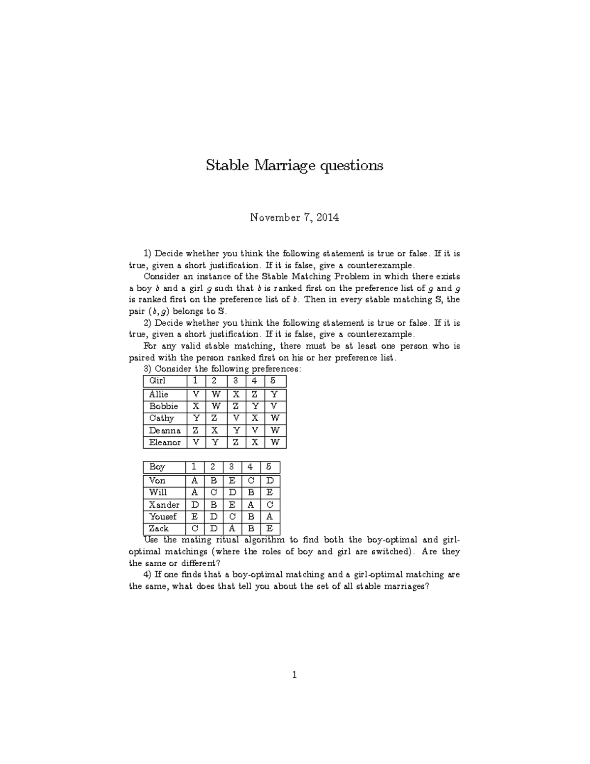 Stable marriage problem sheet - Stable Marriage questions November 7 ...
