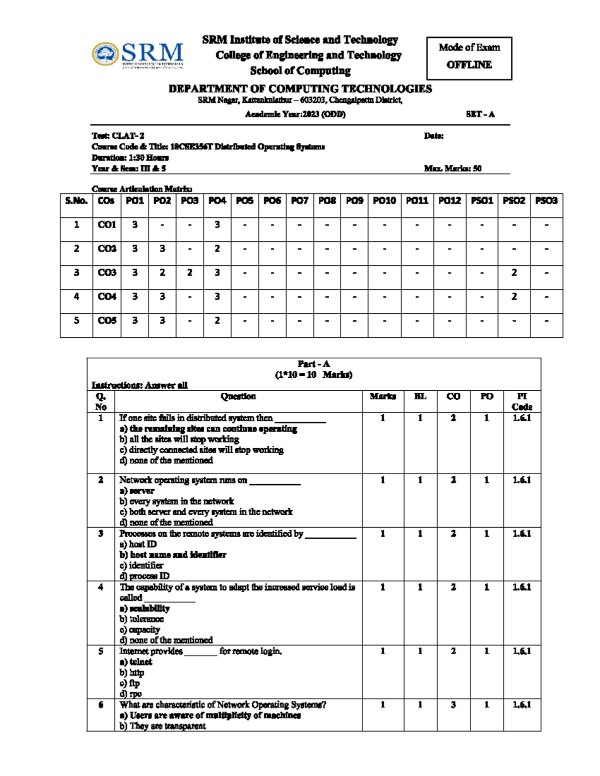 Dos Ct2 Ans Srm Institute Of Science And Technology Srm Mode Of Exam College Of Engineering