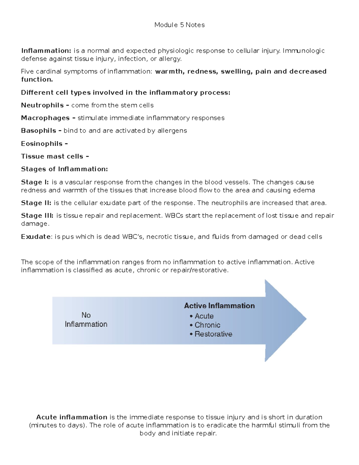 Module 5 Notes nur1460 - Module 5 Notes Inflammation: is a normal and ...