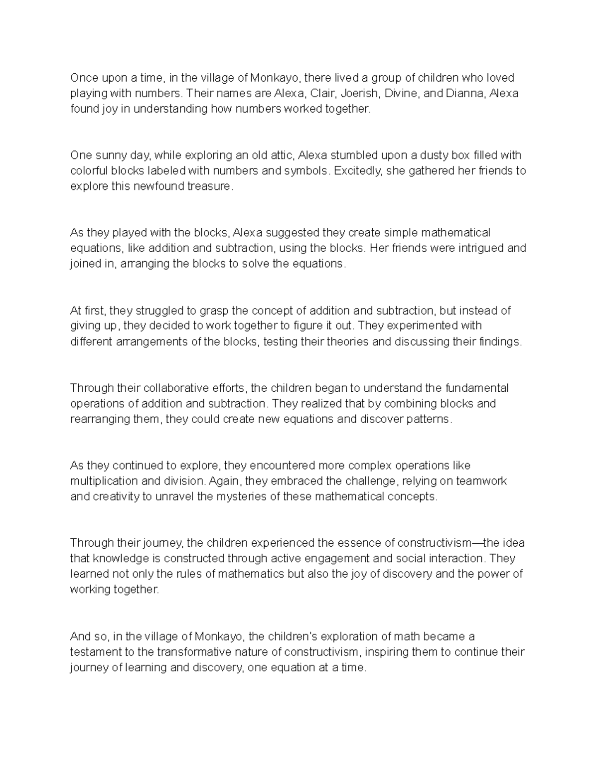 Math Storytime project - Once upon a time, in the village of Monkayo ...