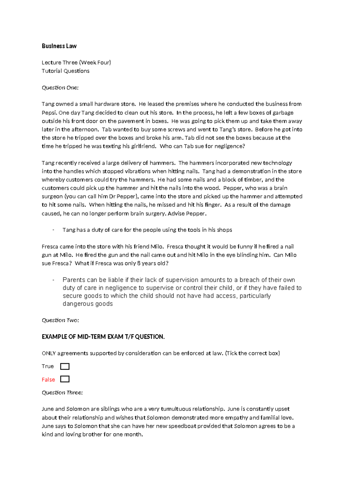 Tutorial Three Questions - Business Law Lecture Three (Week Four ...