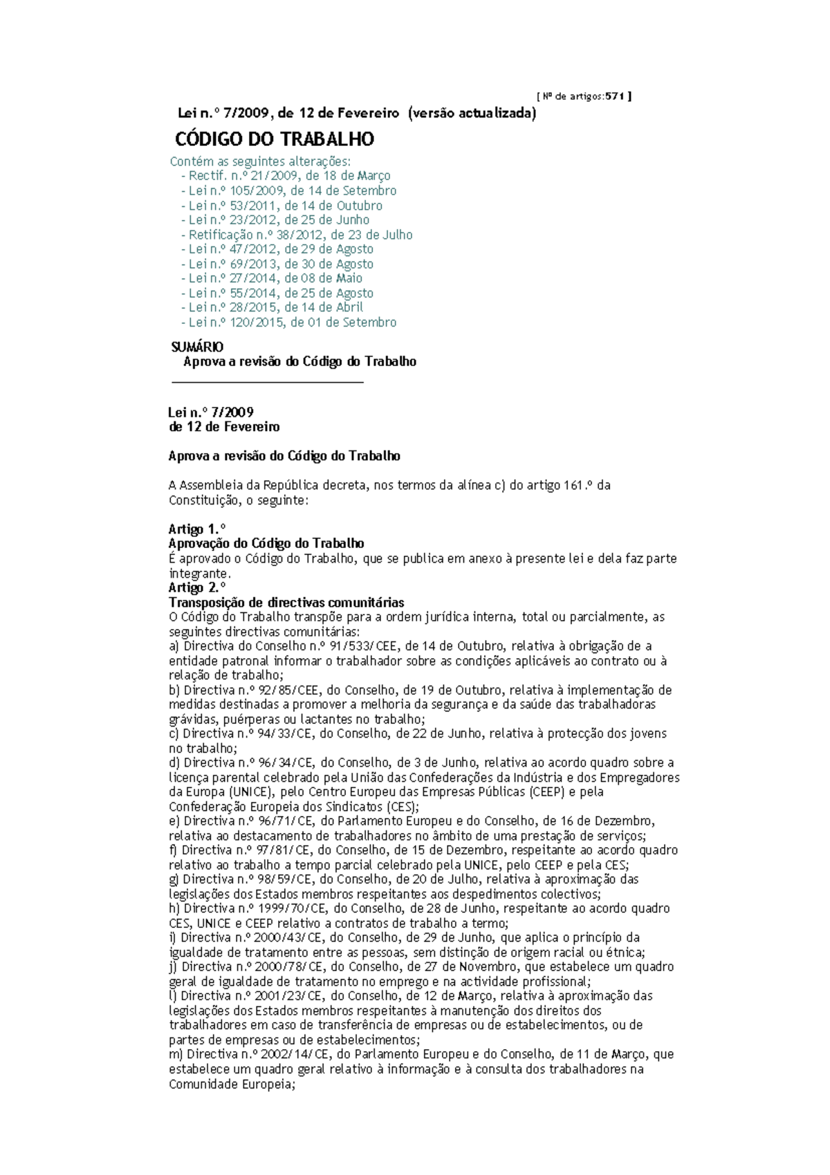 Codigo do trabalho - Bsjsjsj - [ Nº de artigos:571 ] Lei n.º 7/2009, de ...