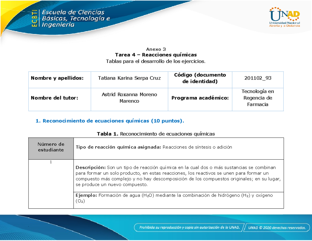 Anexo 3 reacciones quimicas - Anexo 3 Tarea 4 – Reacciones químicas Tablas para el desarrollo de ...