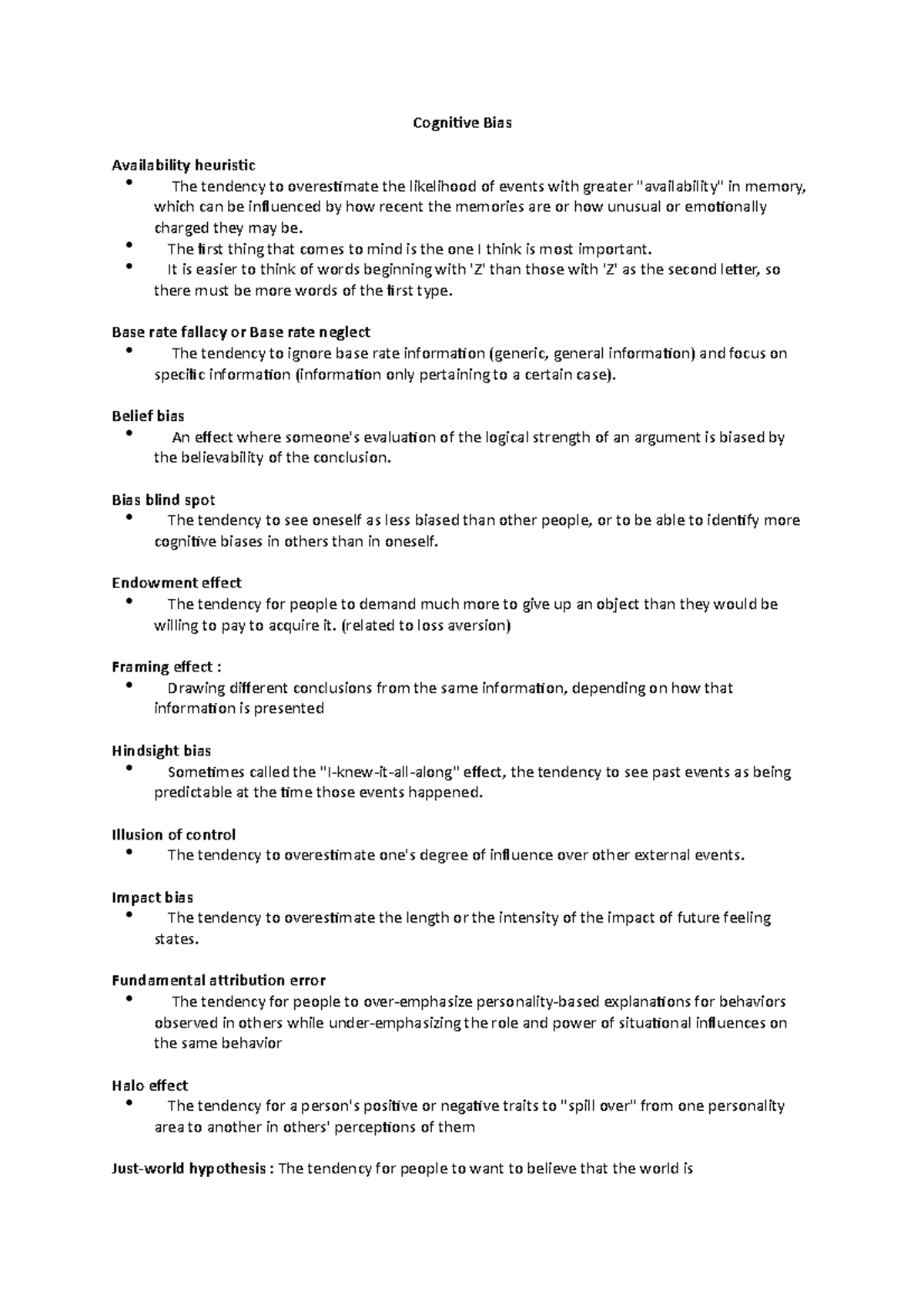 Cognitive Bias - Summary - Cognitive Bias Availability heuristic The ...