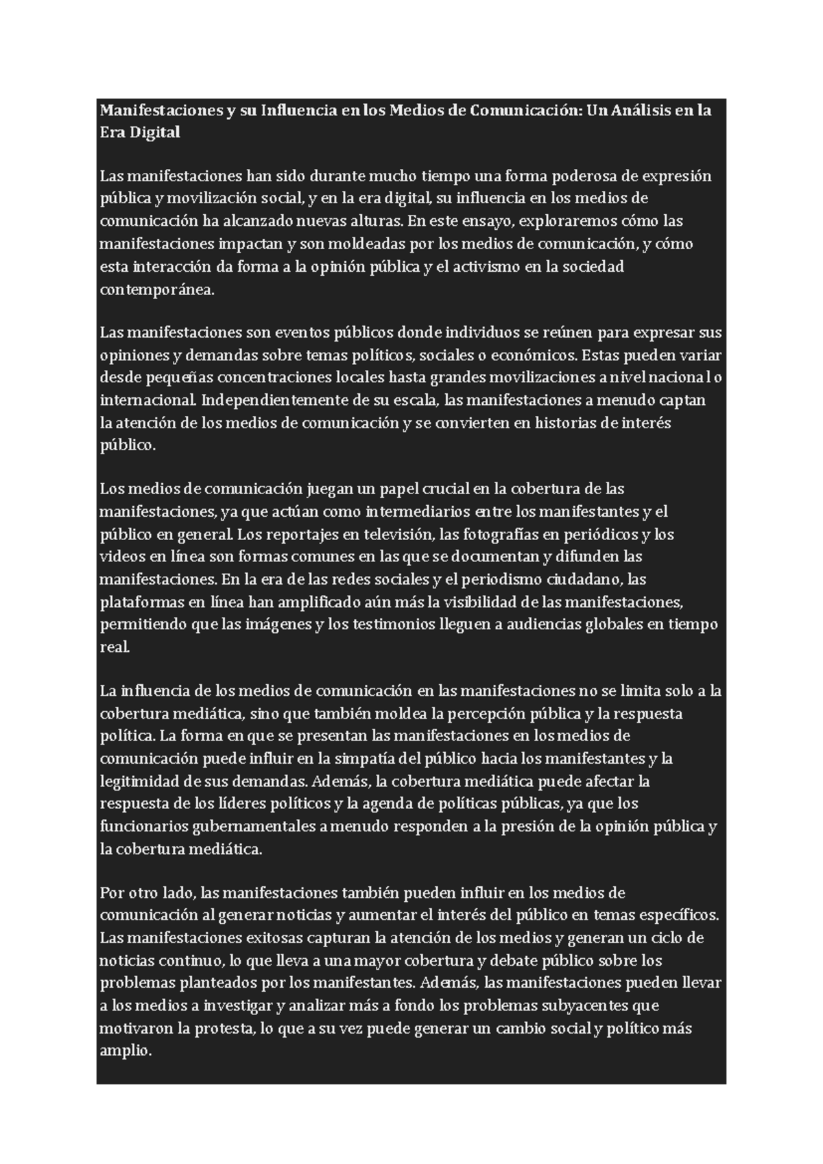 Manifestación - ensayo sobre la manifestacion - Manifestaciones y su Influencia en los Medios de ...