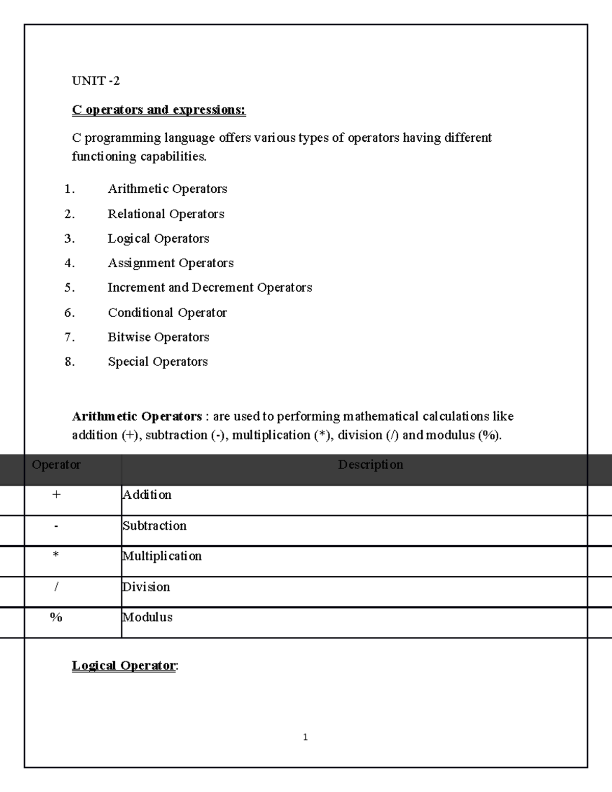 C Unit-2 Bangalore University - UNIT - C operators and expressions: C ...