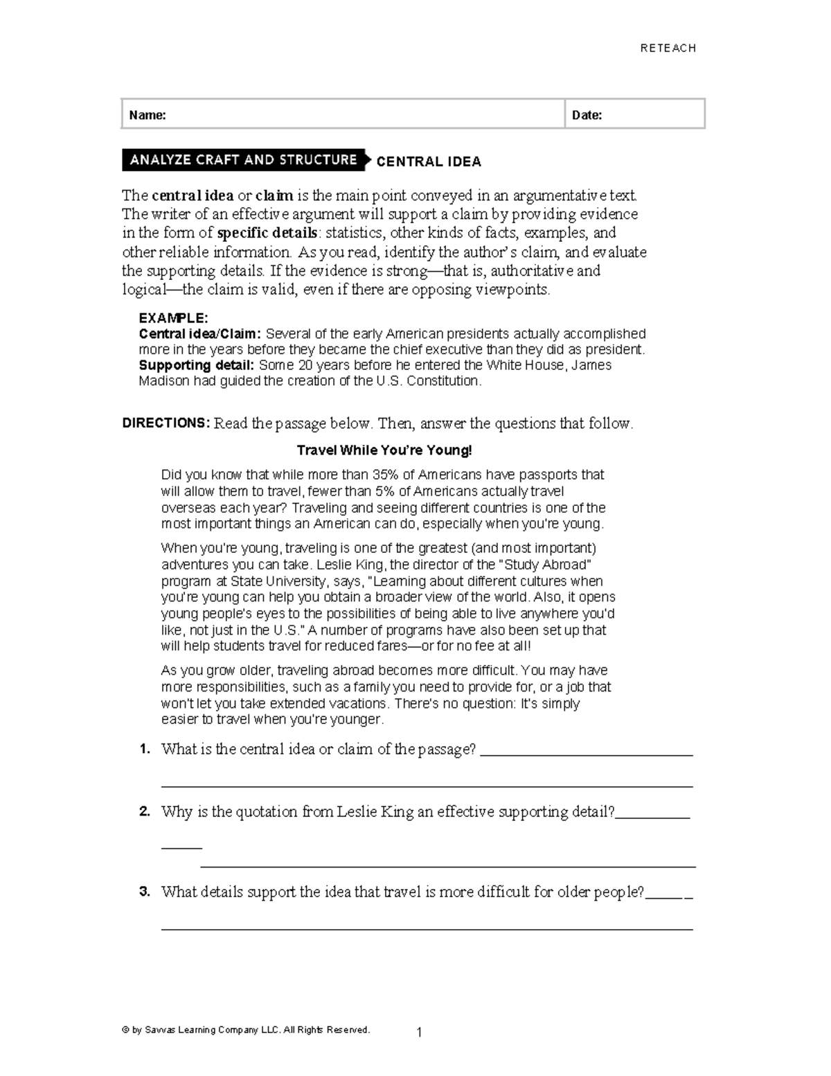 Central IDEA - Practice - RETEACH Name: Date: CENTRAL IDEA The central ...
