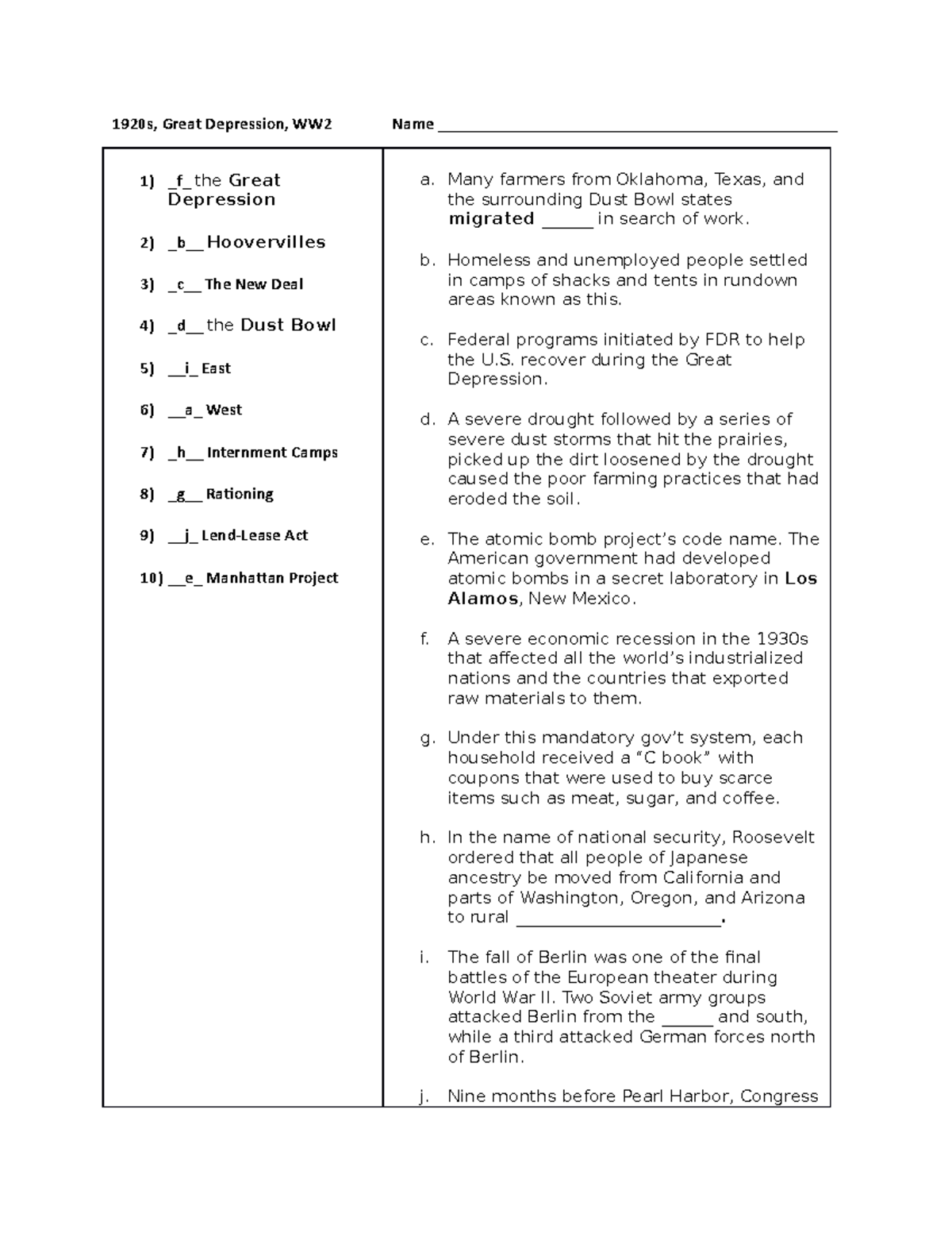 3.10.2023 Quick Read Quiz Great Depression and WW2 - 1920s, Great ...