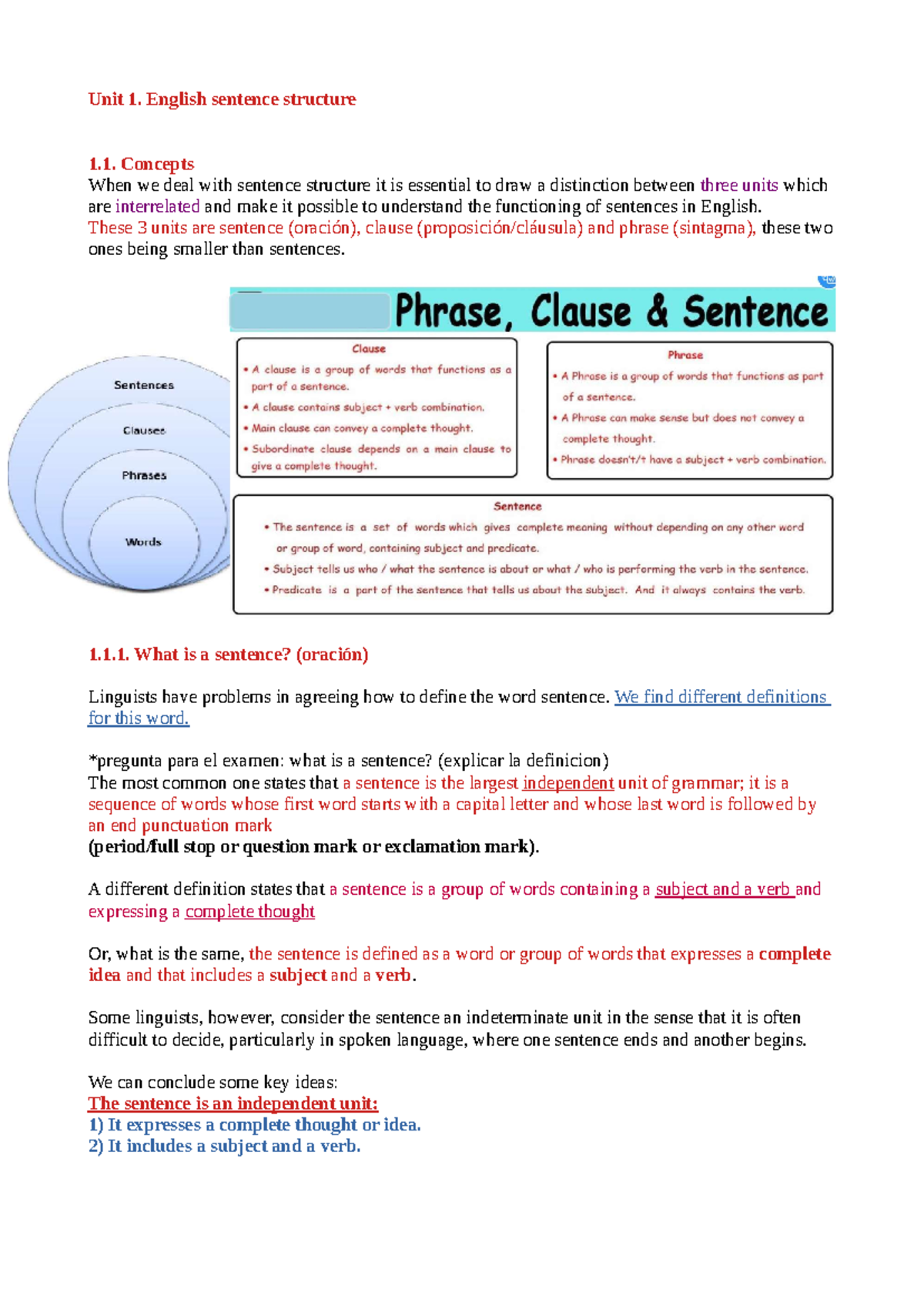 Resumen tema 1 - Unit 1. English sentence structure Concepts When we ...