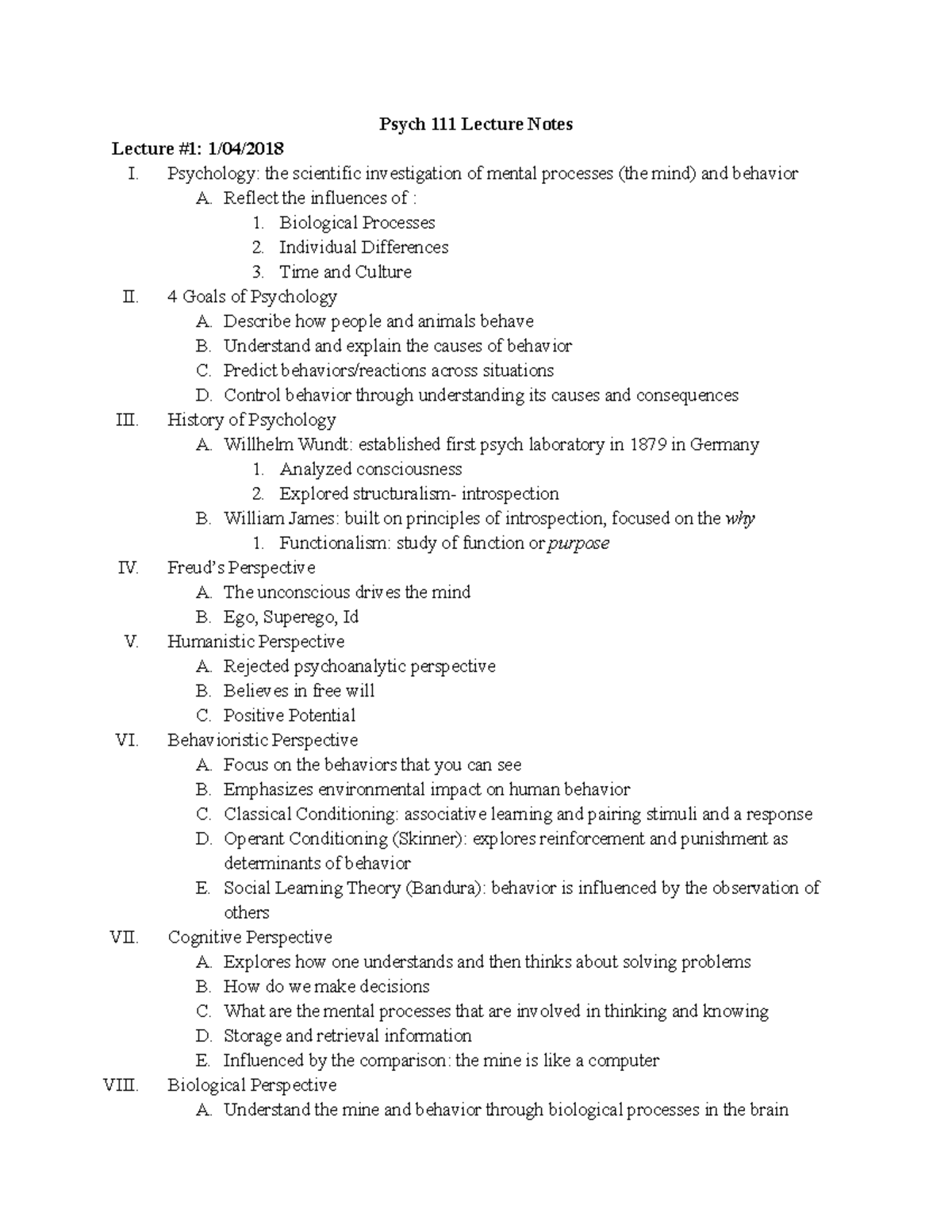 Lecture Notes - Psych 111 Lecture Notes Lecture #1: 1/04/2018 I ...