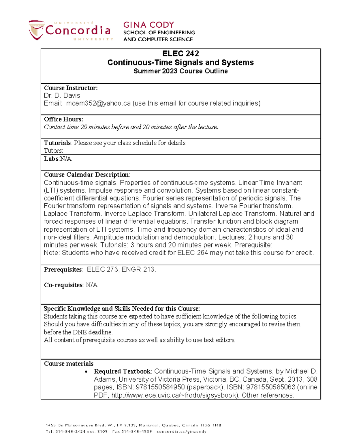 Course Outline ELEC 242 Summer 2024 - ELEC 242 Continuous-Time Signals ...
