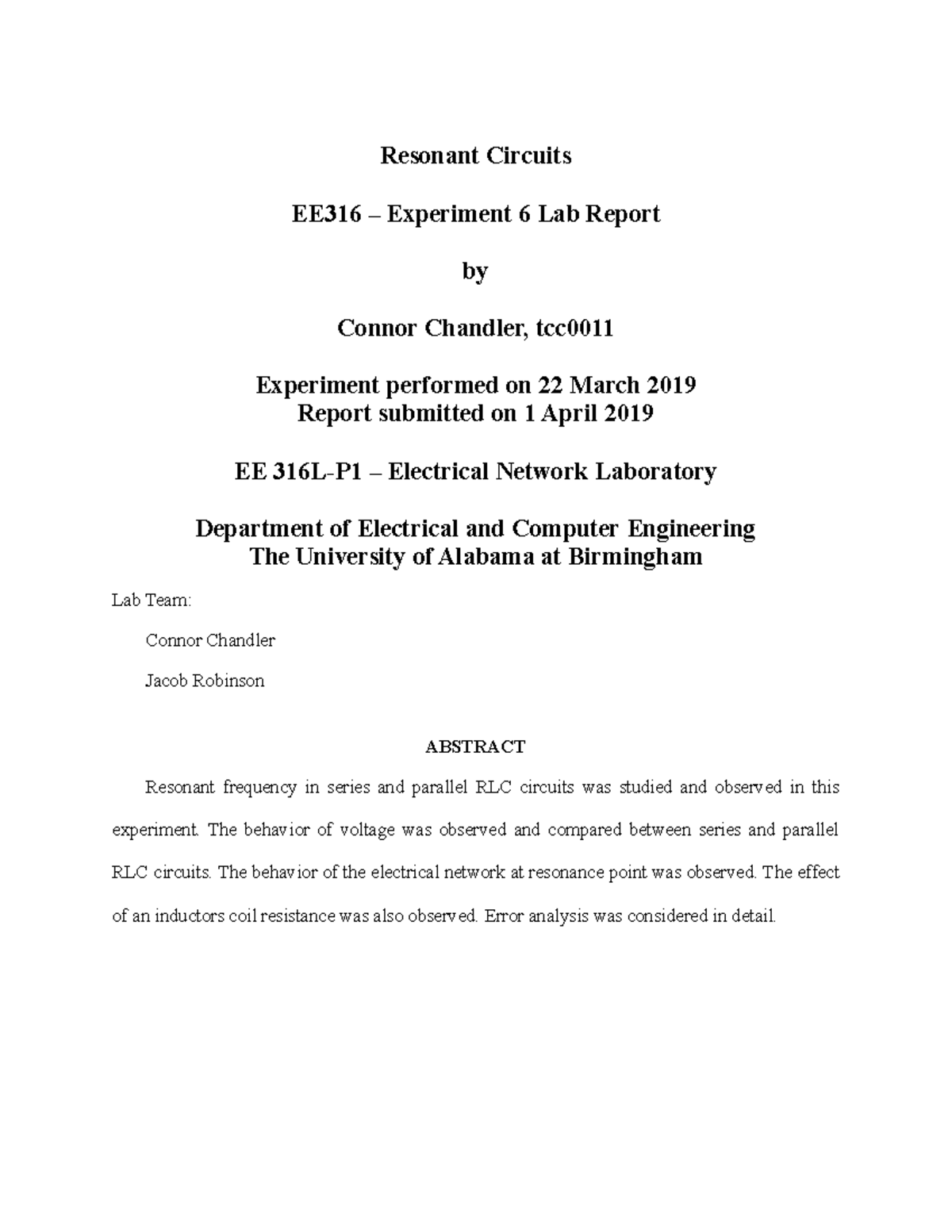 Lab Report Exp6 - Resonant Circuits EE316 Experiment 6 Lab Report ...