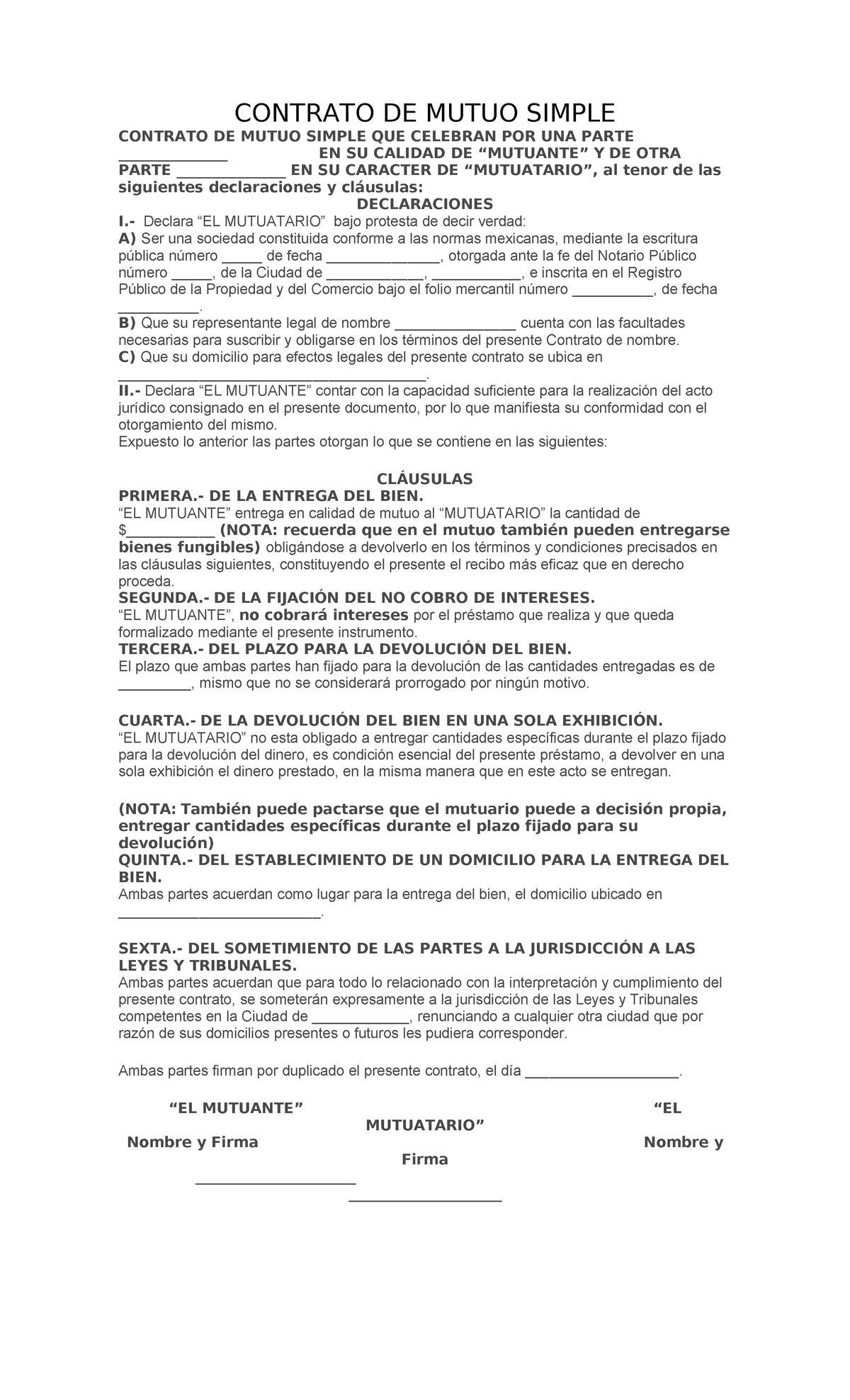 Contrato DE Mutuo Simple - CONTRATO DE MUTUO SIMPLE CONTRATO DE MUTUO ...