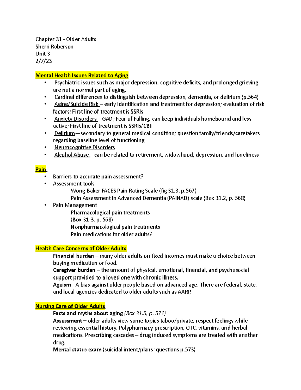 Chapter 31 unit 3 - Notes - Chapter 31 - Older Adults Sherri Roberson ...