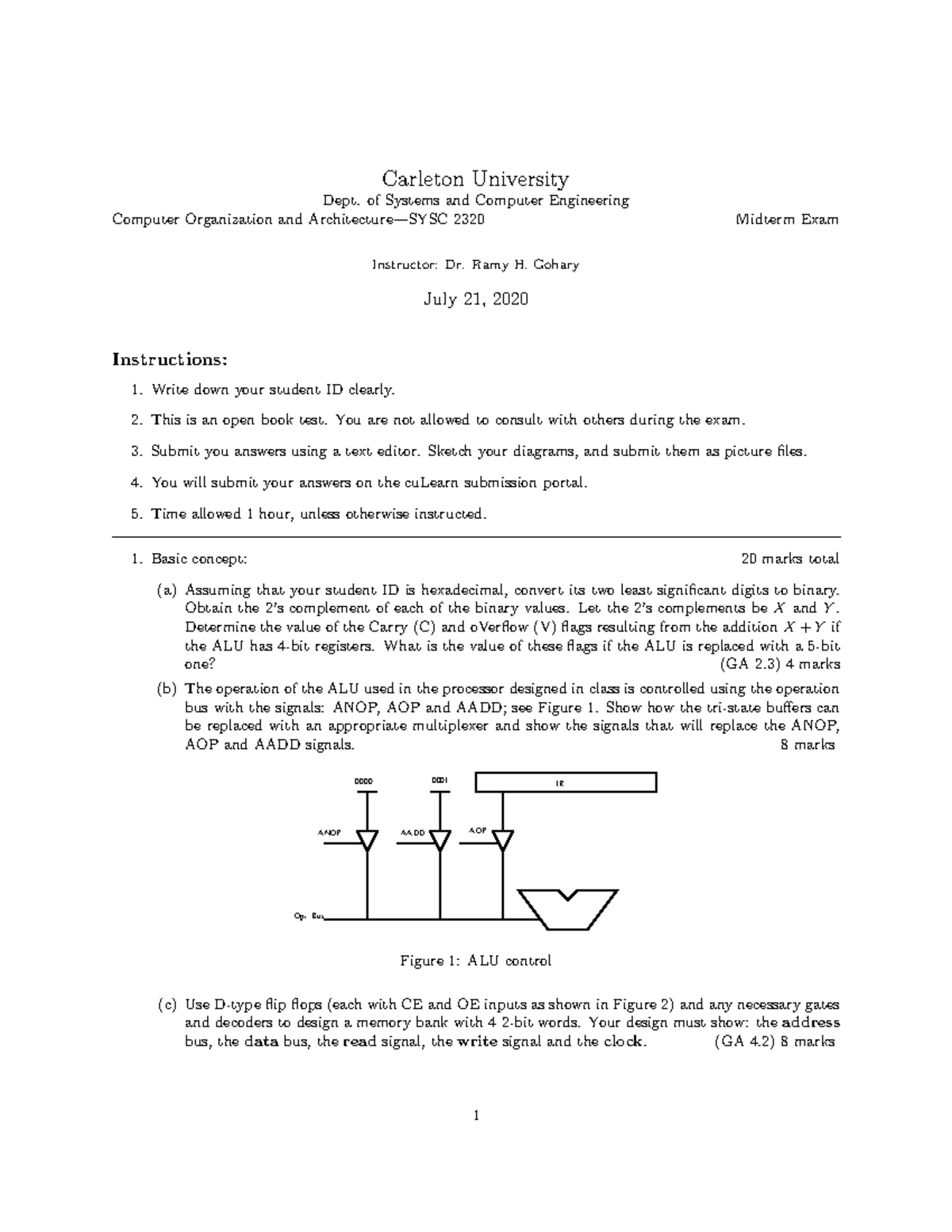Midterm S2020 1 - Carleton University Dept. of Systems and Computer Engineering Computer - Studocu