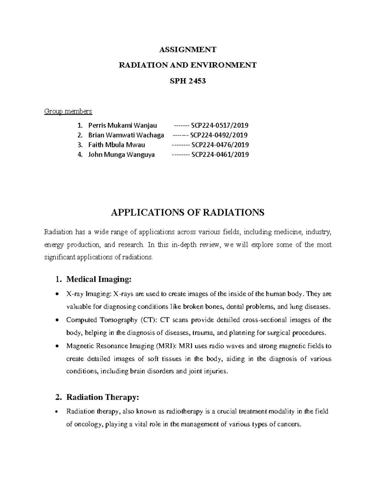 Assignment ( Applications of Radiation) - ASSIGNMENT RADIATION AND ENVIRONMENT SPH 2453 Group ...
