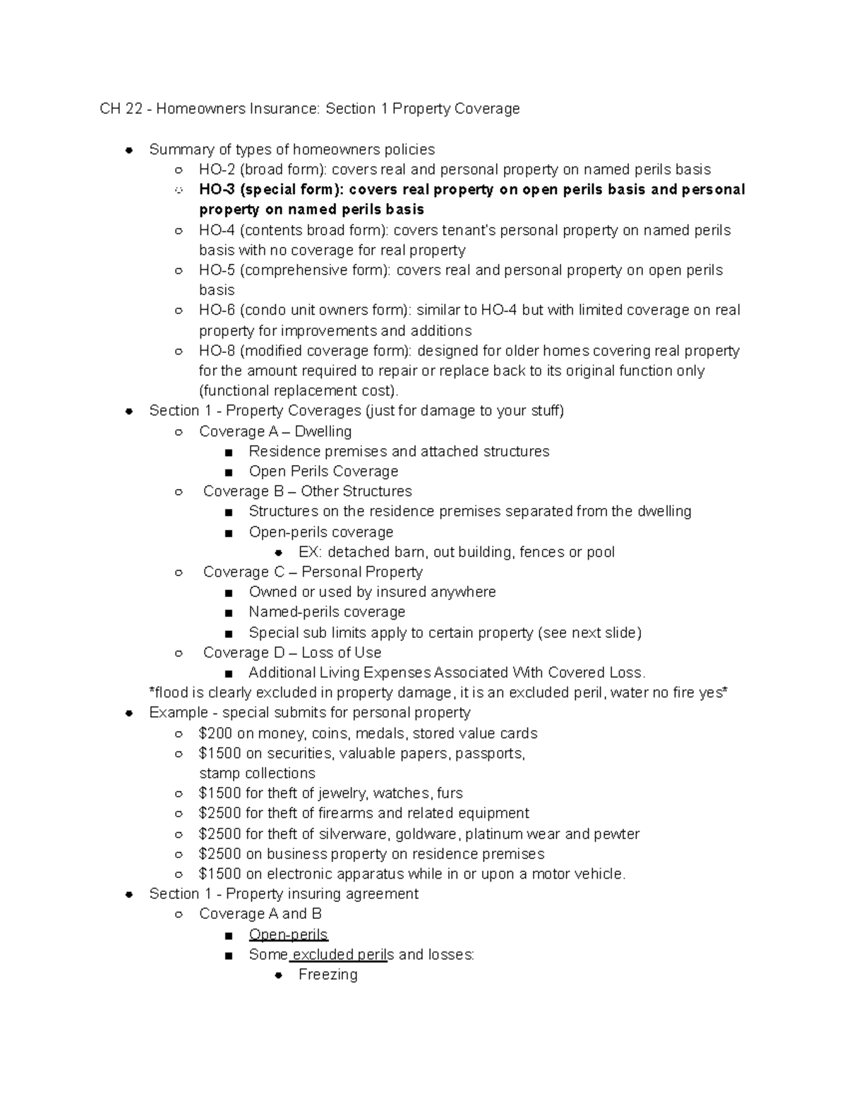 RMI 320- WEEK 9 Notes - homeowners insurance and property coverage - CH ...
