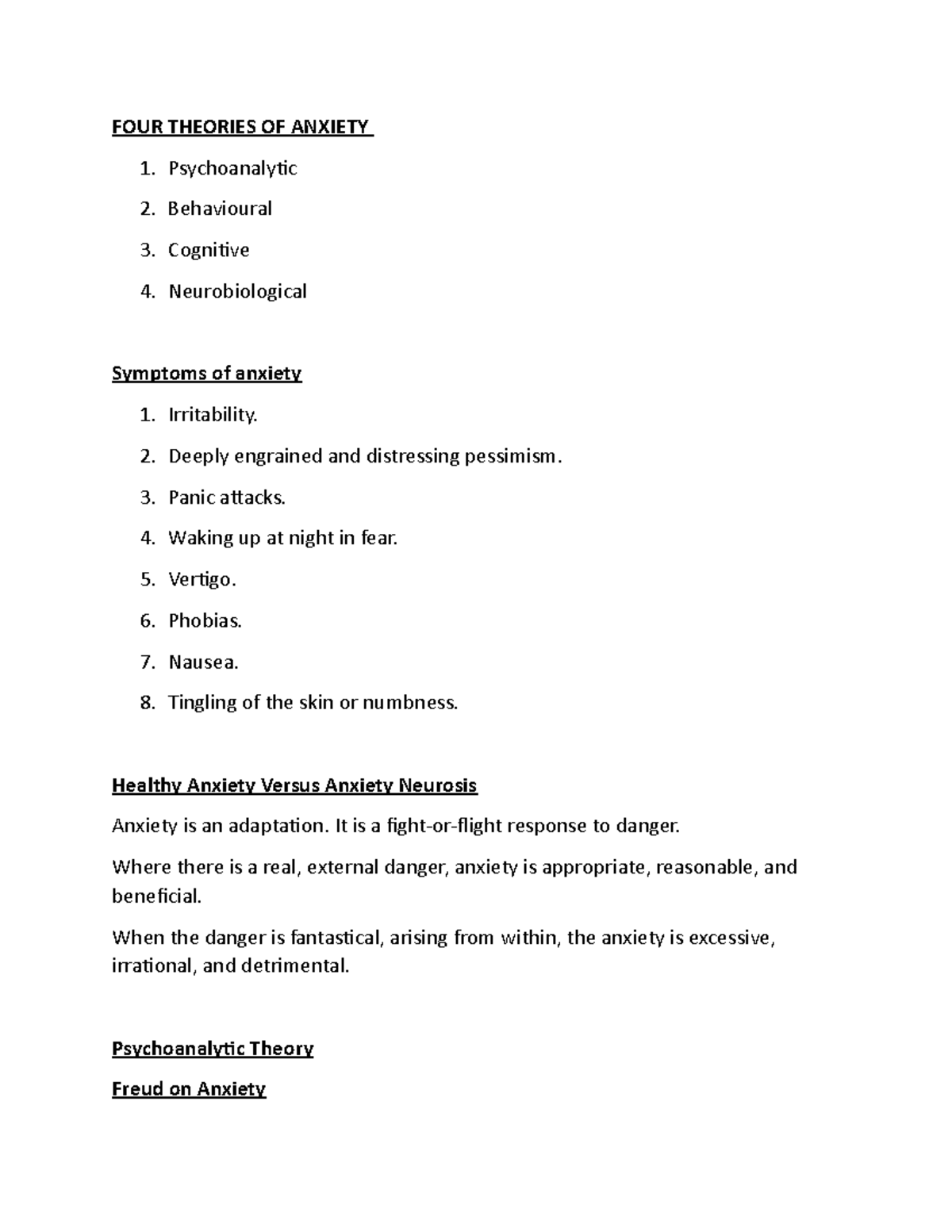 FOUR Theories OF Anxiety - FOUR THEORIES OF ANXIETY Psychoanalytic ...