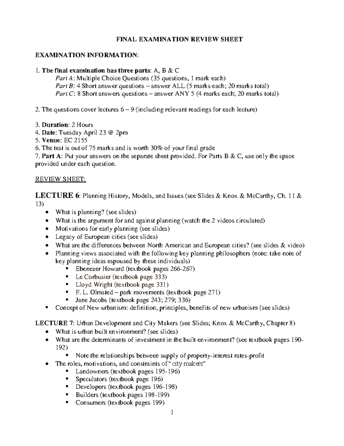 Final Exam Review 2 Winter 2019, questions - FINAL EXAMINATION REVIEW ...