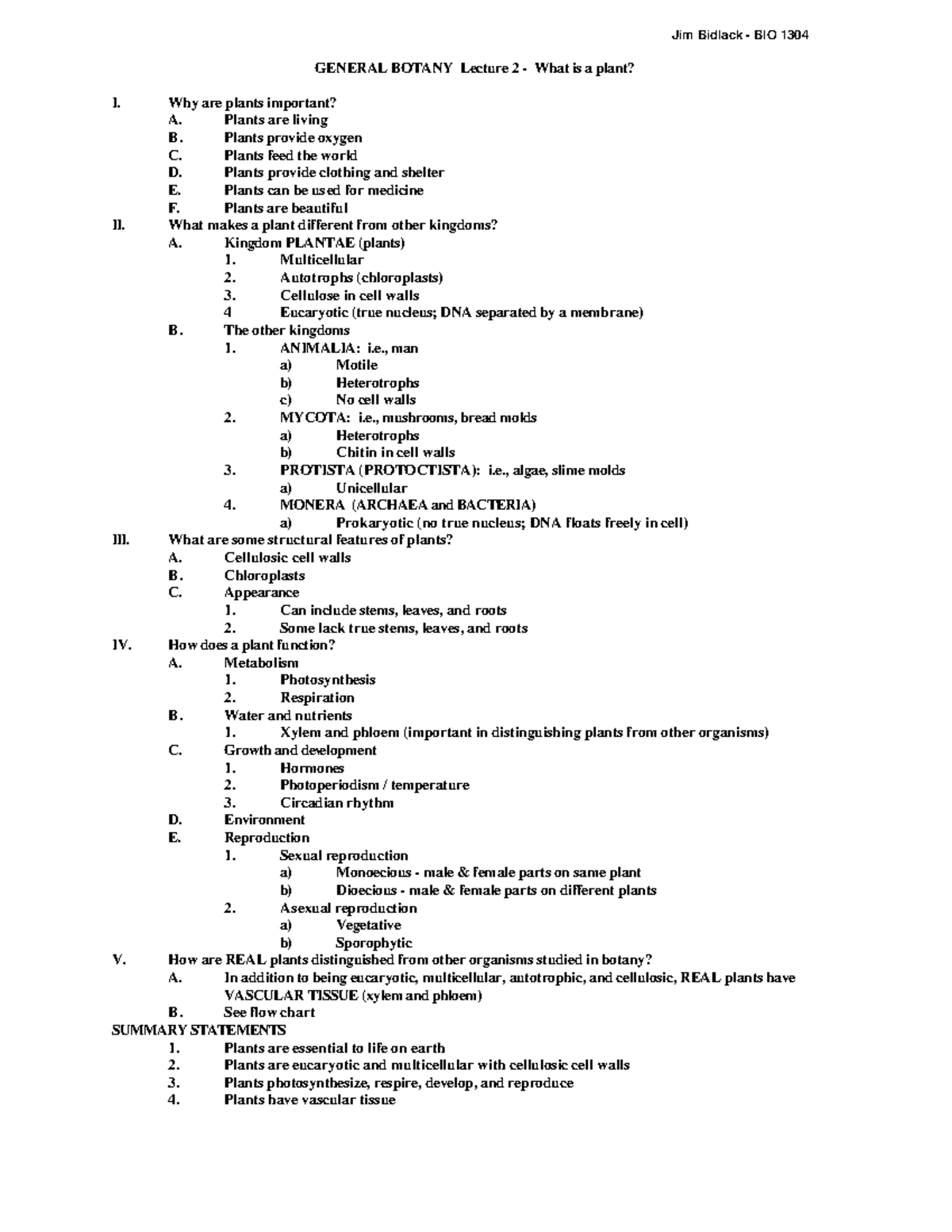 Plant 02 - botany lecture notes from prof jim - Jim Bidlack - BIO 1304 ...