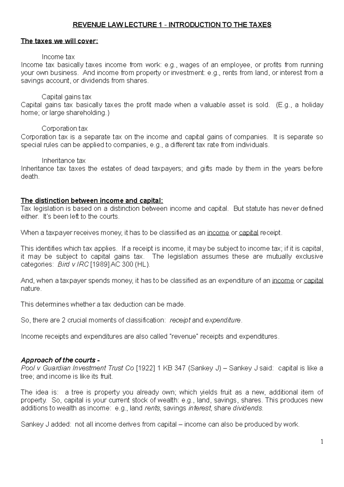 Revenue Lecture 1 Notes - REVENUE LAW LECTURE 1 - INTRODUCTION TO THE ...