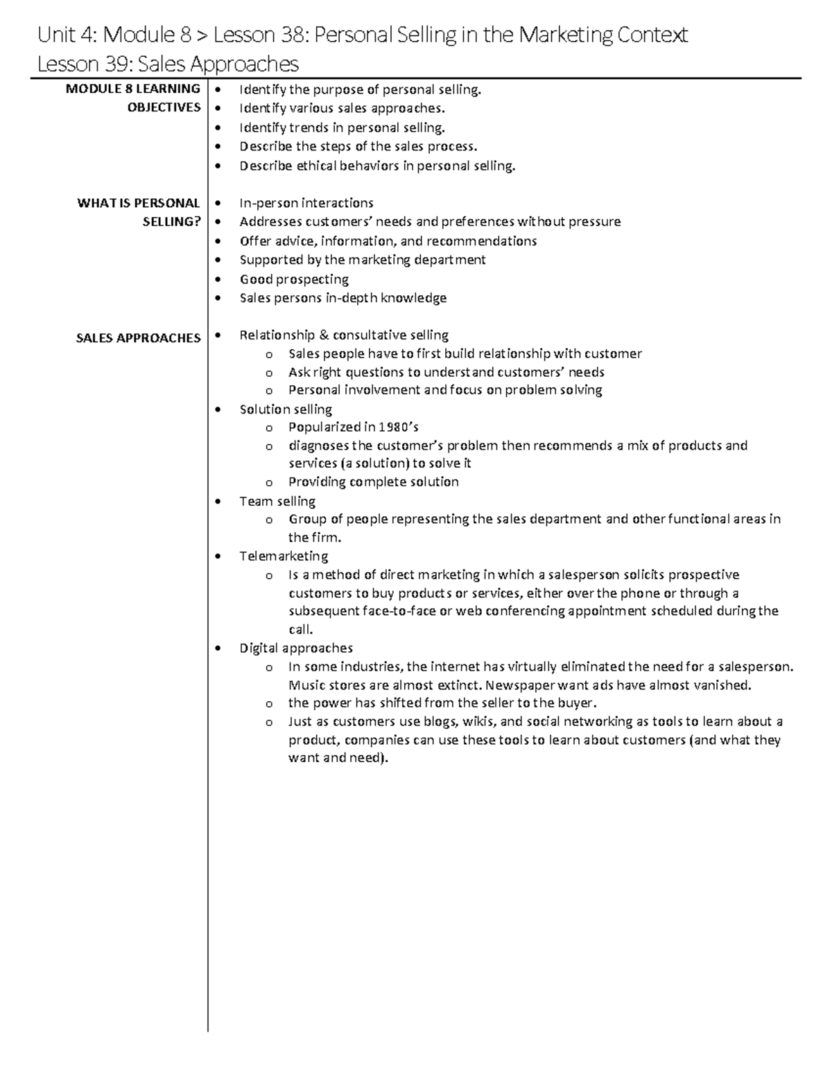 Lesson 38 and 39 - Unit 4: Module 8 > Lesson 38: Personal Selling in ...