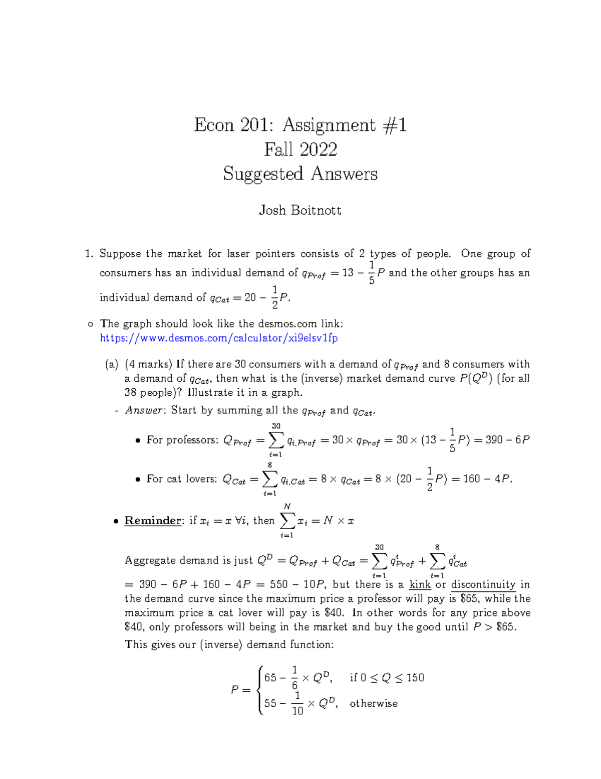 Econ201 A#1 Ans Key F22 - Exam prep questions - Econ 201: Assignment Fall 2022 Suggested Answers ...