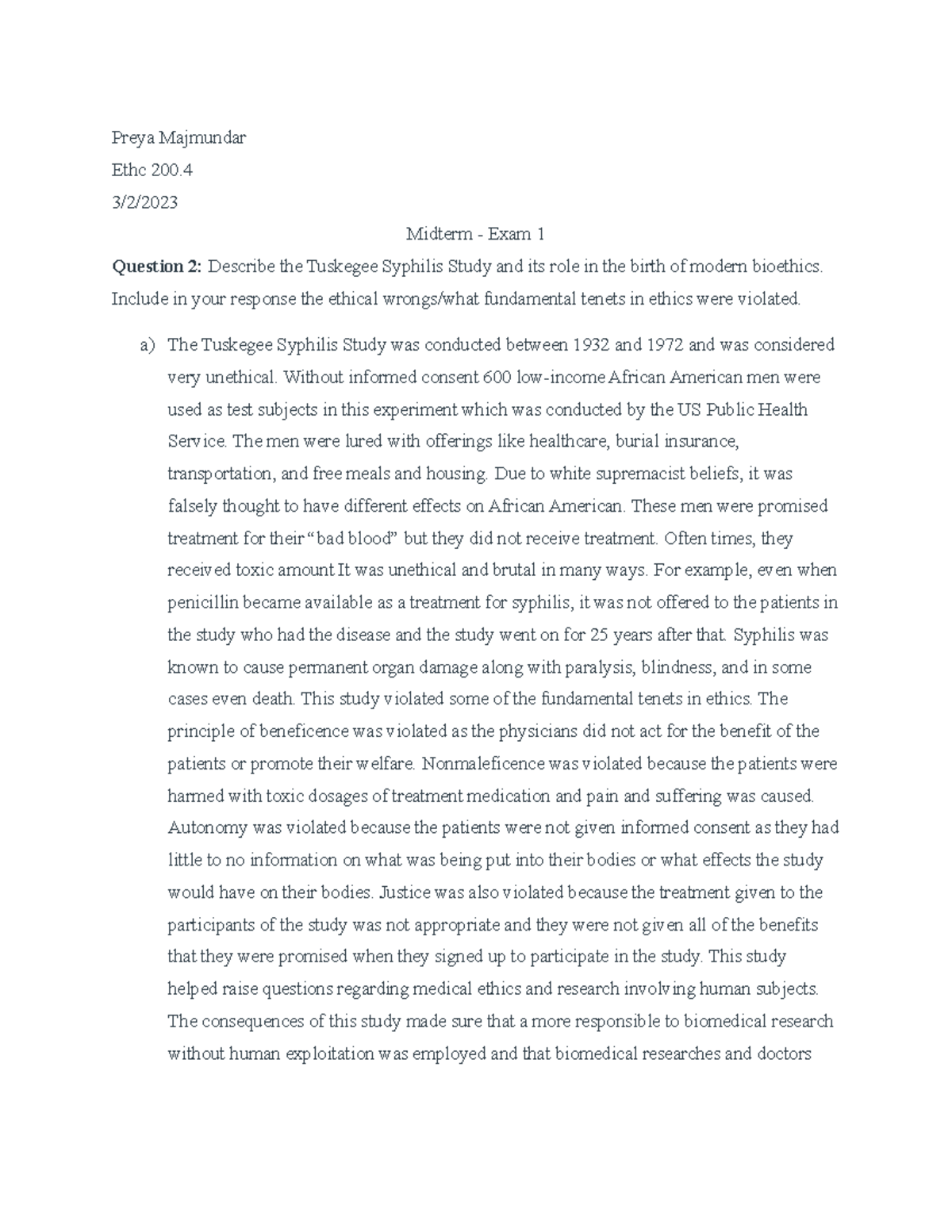 Bioethics Midterm - Preya Majmundar Ethc 200. 3/2/ Midterm - Exam 1 ...