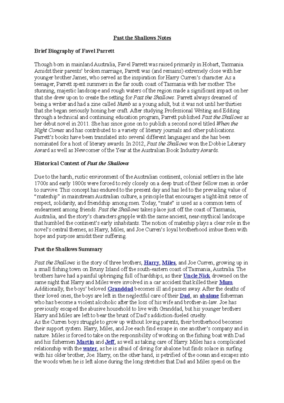 Common module notes - Past the Shallows Notes Brief Biography of Favel ...