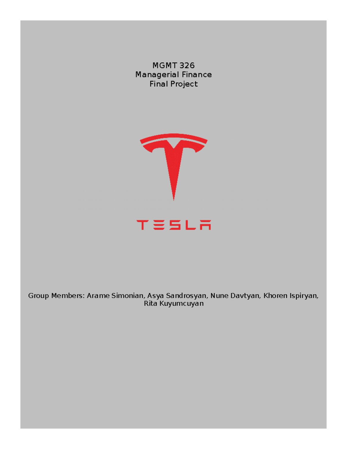 Tesla company analysis MGMT masters group work - MGMT 326 Managerial ...