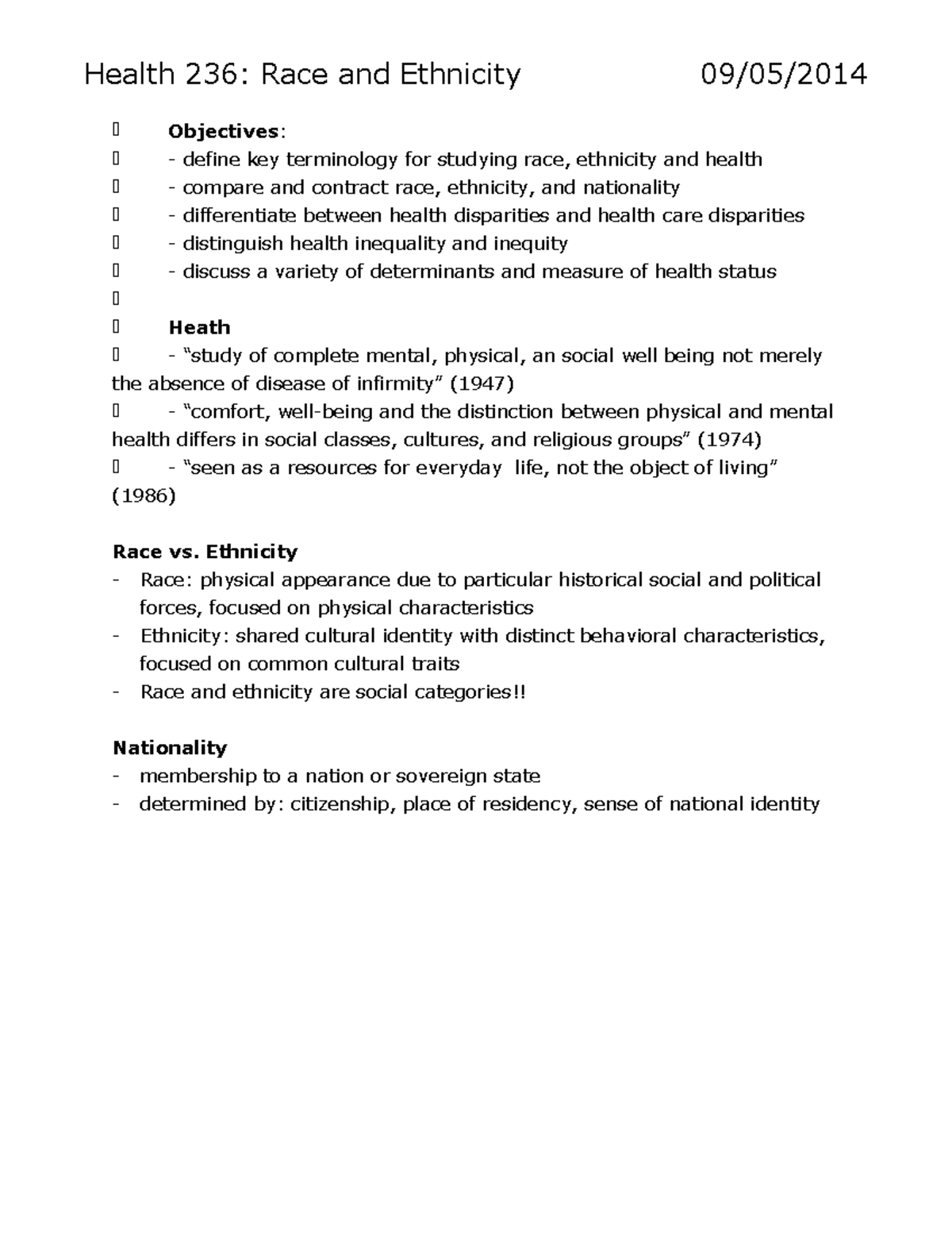 Lecture notes, lectures 1-10 - Health 236: Race and Ethnicity 09/05 ...