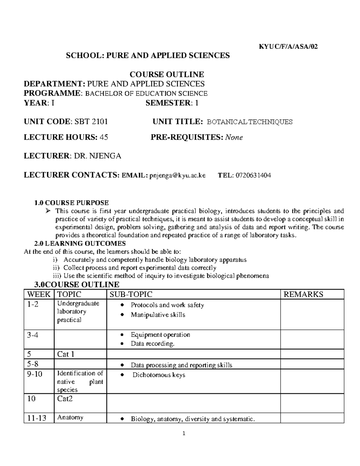 SBT 2101- Botanical-Course outline - 1 KYUC/F/A/ASA/ SCHOOL: PURE AND ...