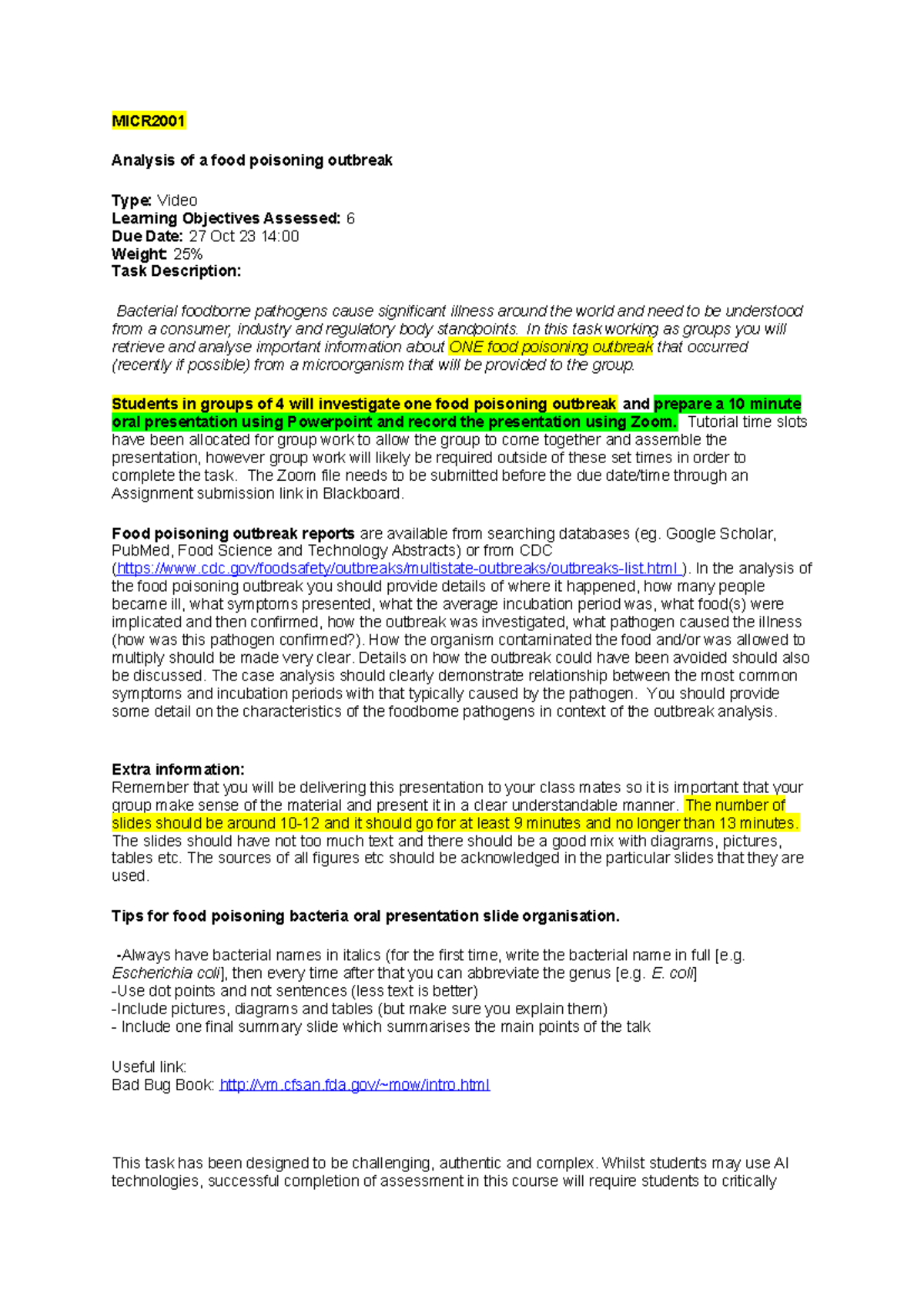 MICR2001 group work assessment details - MICR Analysis of a food ...