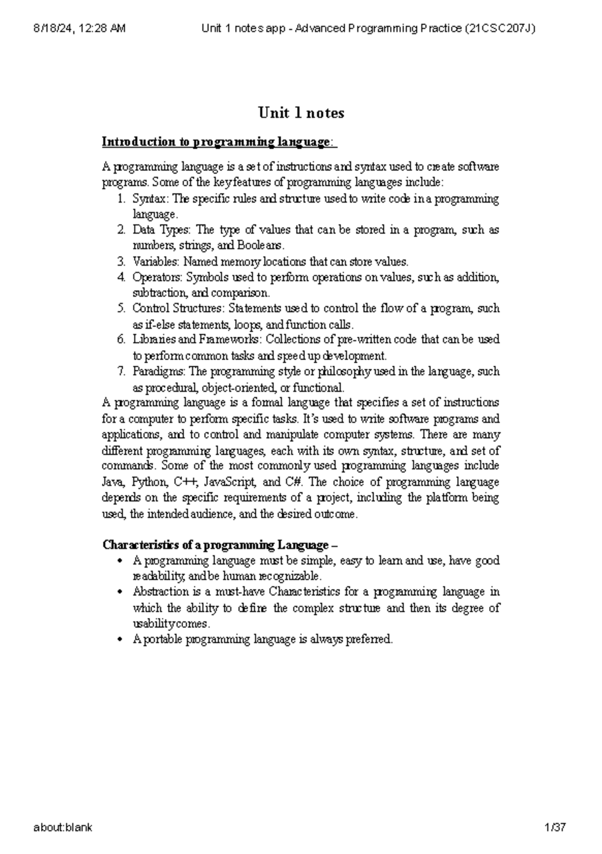 Unit 1 Notes App Advanced Programming Practice 21csc207j Unit 1 Notes Introduction To 
