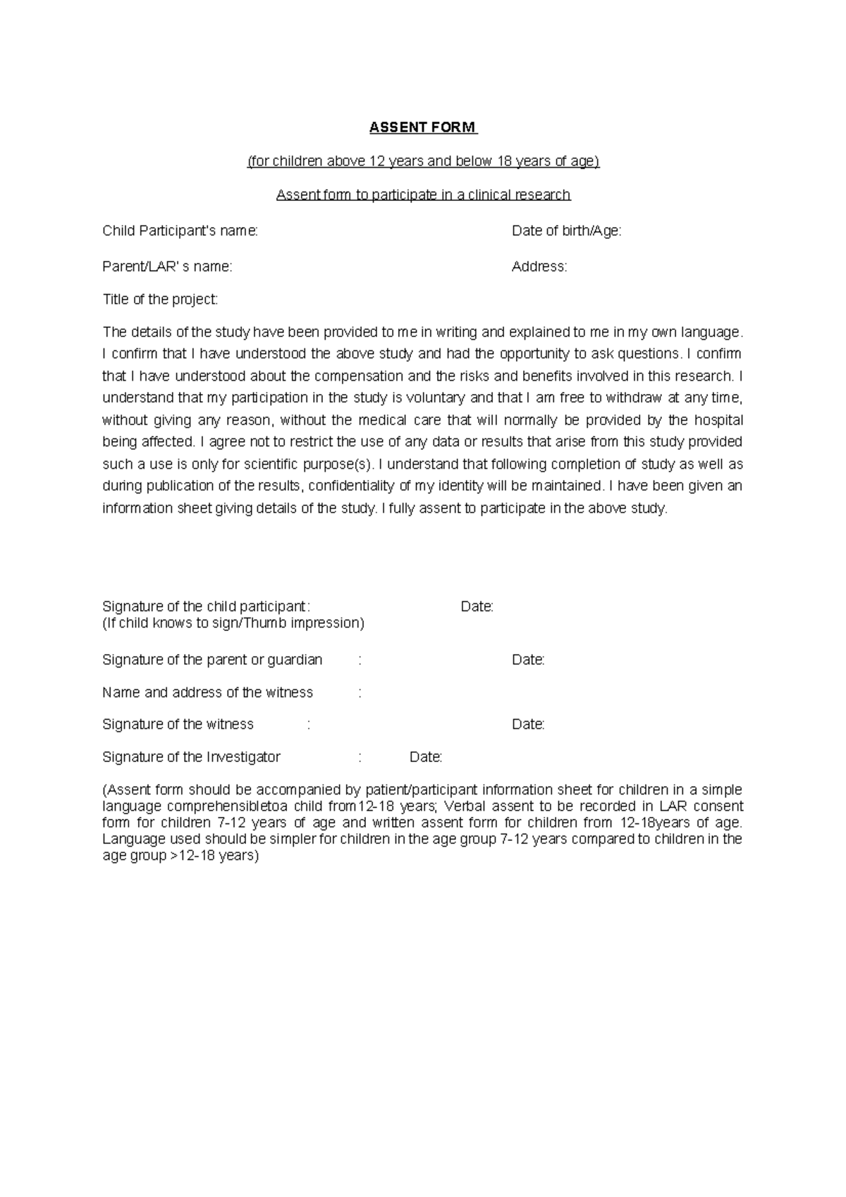 Assent Form NURSING NOTES ASSENT FORM for Children Above 12 Years assent-form-nursing-notes-assent-form-for-children-above-12-years